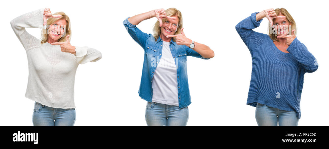 Collage of beautiful middle age blonde woman over white isolated backgroud smiling making frame ...