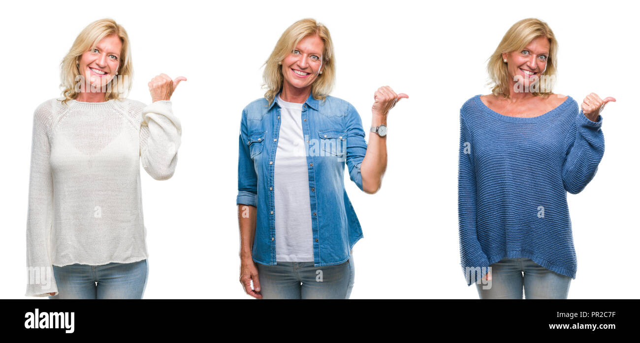 Collage of beautiful middle age blonde woman over white isolated backgroud smiling with happy ...