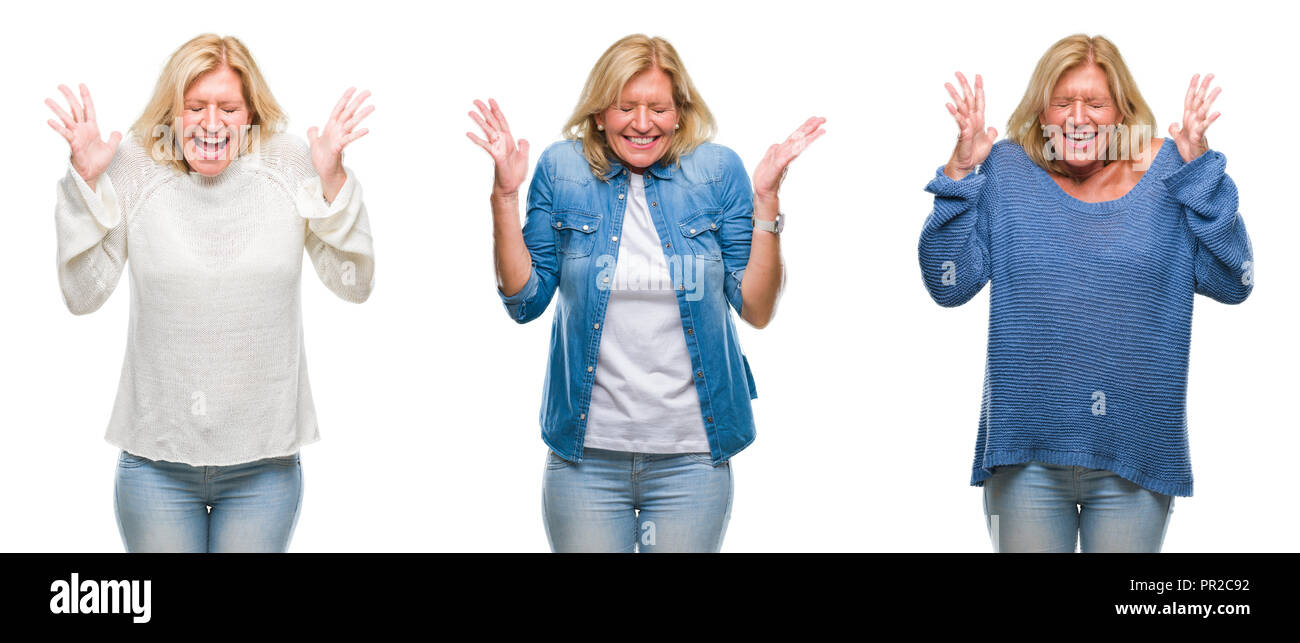 Collage of beautiful middle age blonde woman over white isolated ...