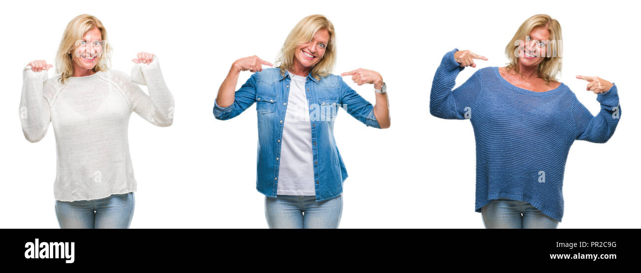 Collage of beautiful middle age blonde woman over white isolated backgroud looking confident ...