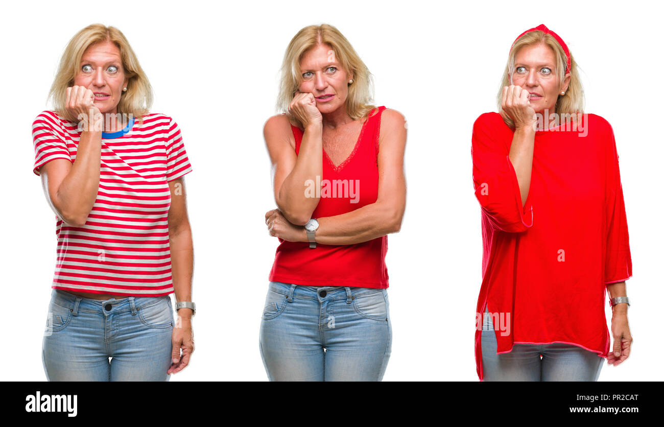 Collage of beautiful middle age blonde woman over white isolated backgroud looking stressed and ...