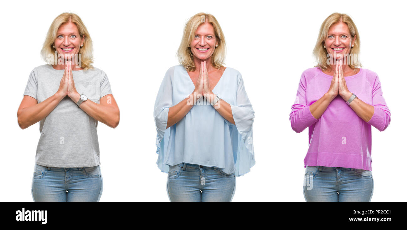 Collage of beautiful middle age blonde woman over white isolated backgroud praying with hands ...