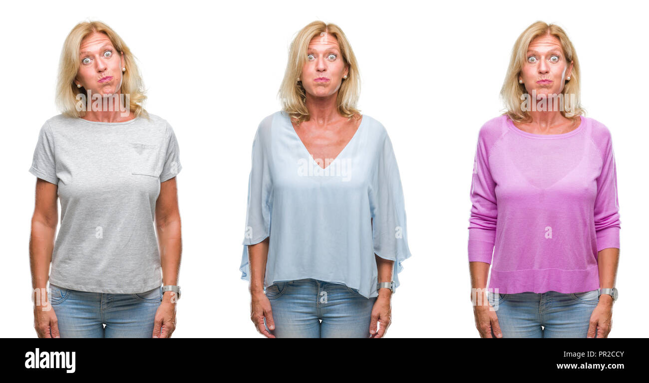 Collage of beautiful middle age blonde woman over white isolated backgroud puffing cheeks with ...