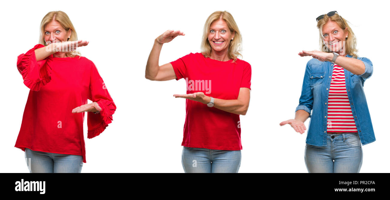 Collage of beautiful middle age blonde woman over white isolated backgroud gesturing with hands ...