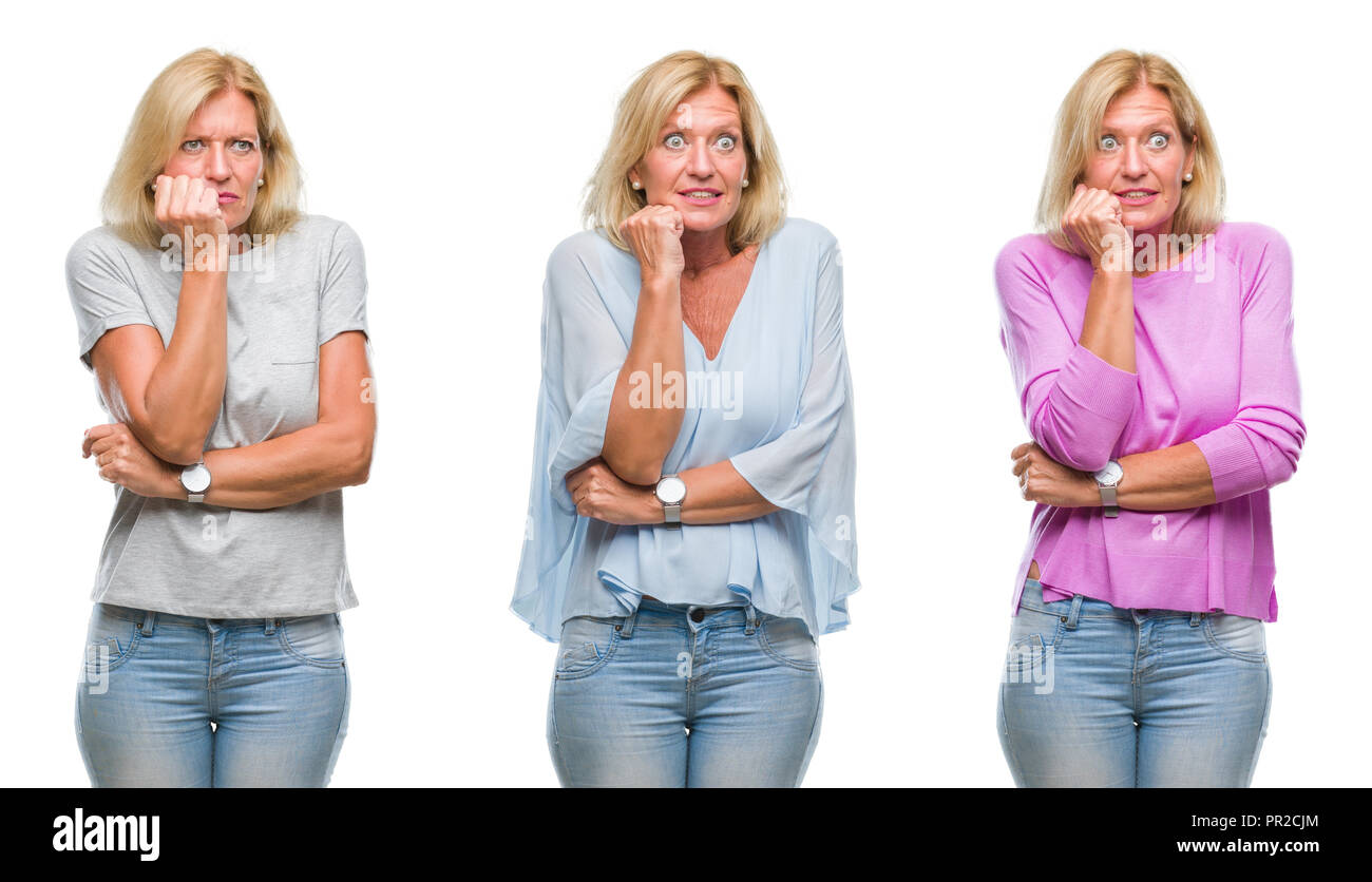 Collage of beautiful middle age blonde woman over white isolated backgroud looking stressed and ...
