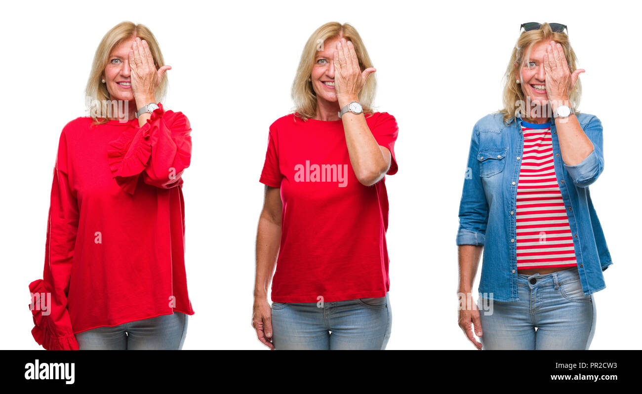 Collage of beautiful middle age blonde woman over white isolated backgroud covering one eye with ...