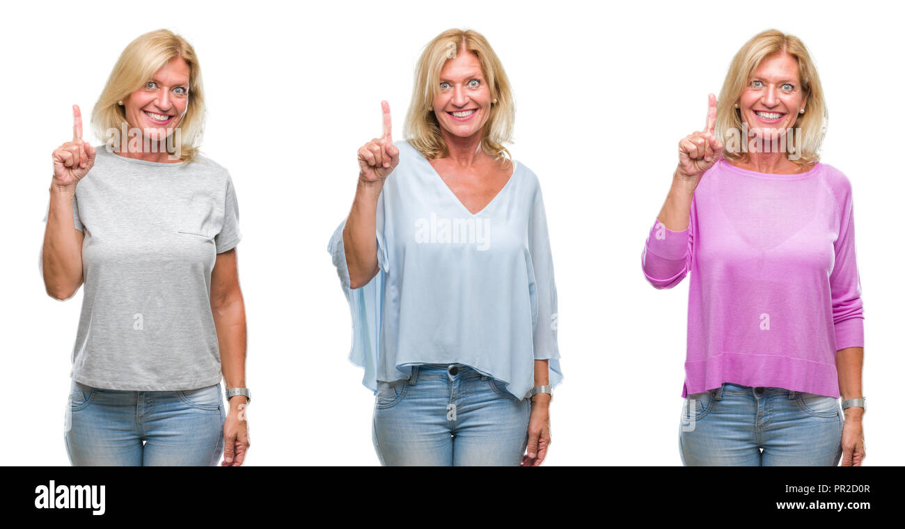 Collage of beautiful middle age blonde woman over white isolated backgroud showing and pointing ...