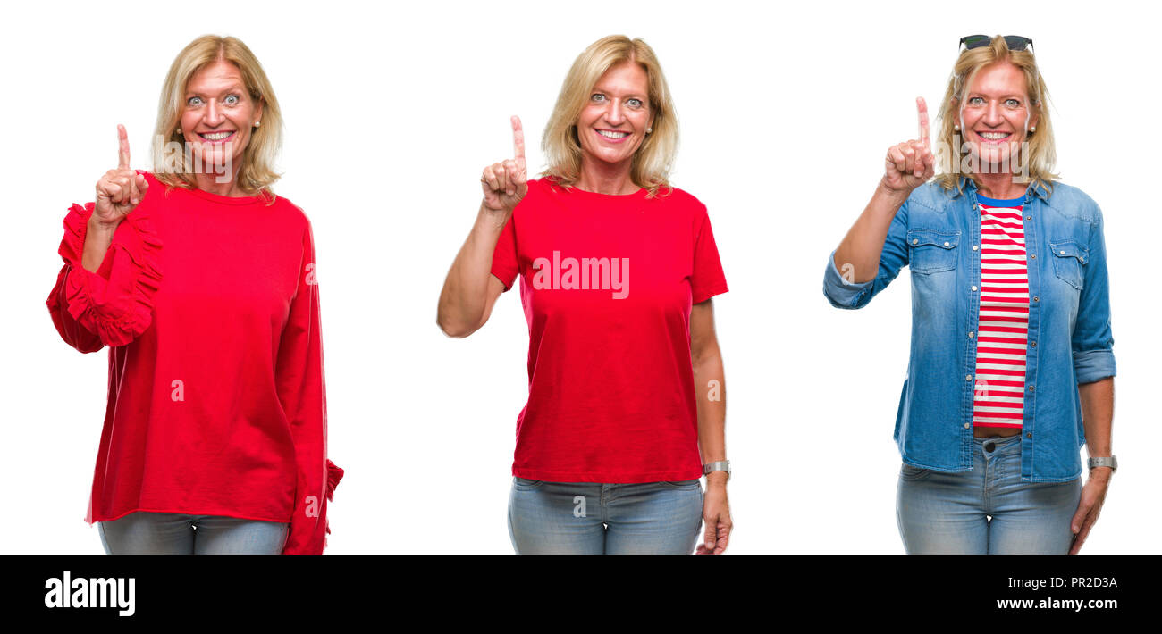 Collage of beautiful middle age blonde woman over white isolated backgroud showing and pointing ...
