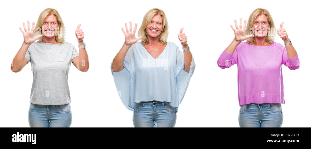 Collage of beautiful middle age blonde woman over white isolated backgroud showing and pointing ...