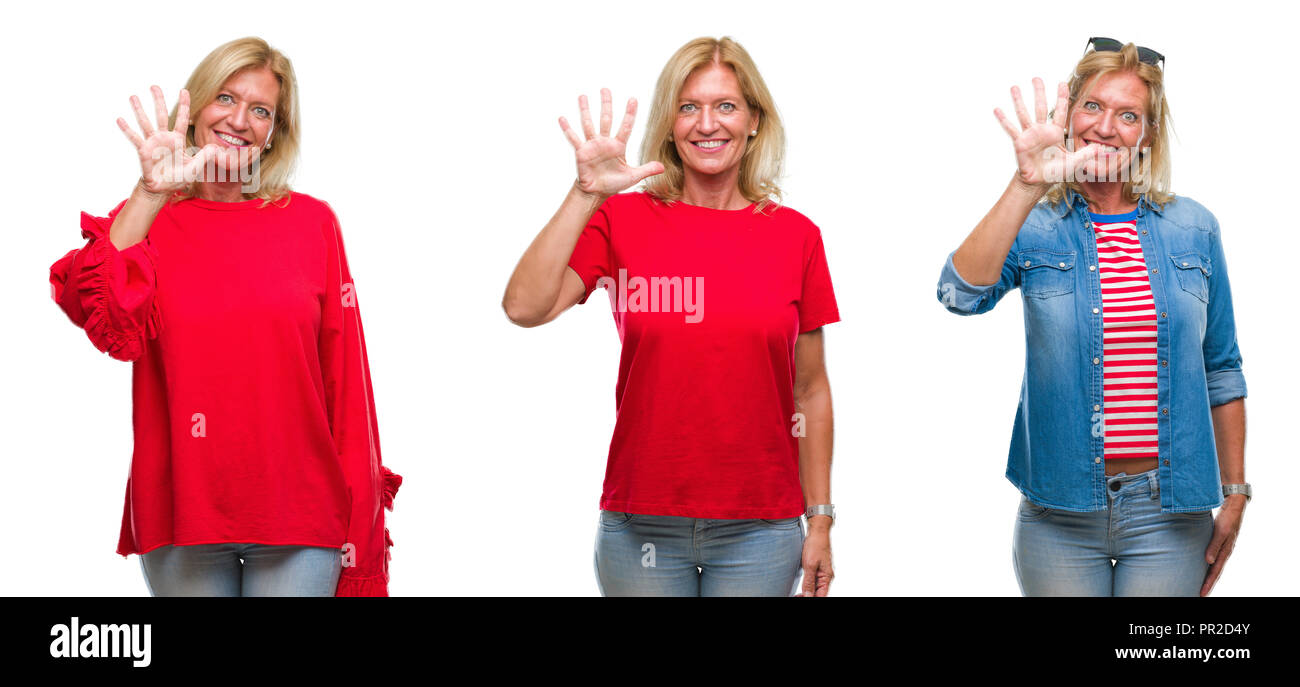 Collage of beautiful middle age blonde woman over white isolated backgroud showing and pointing ...