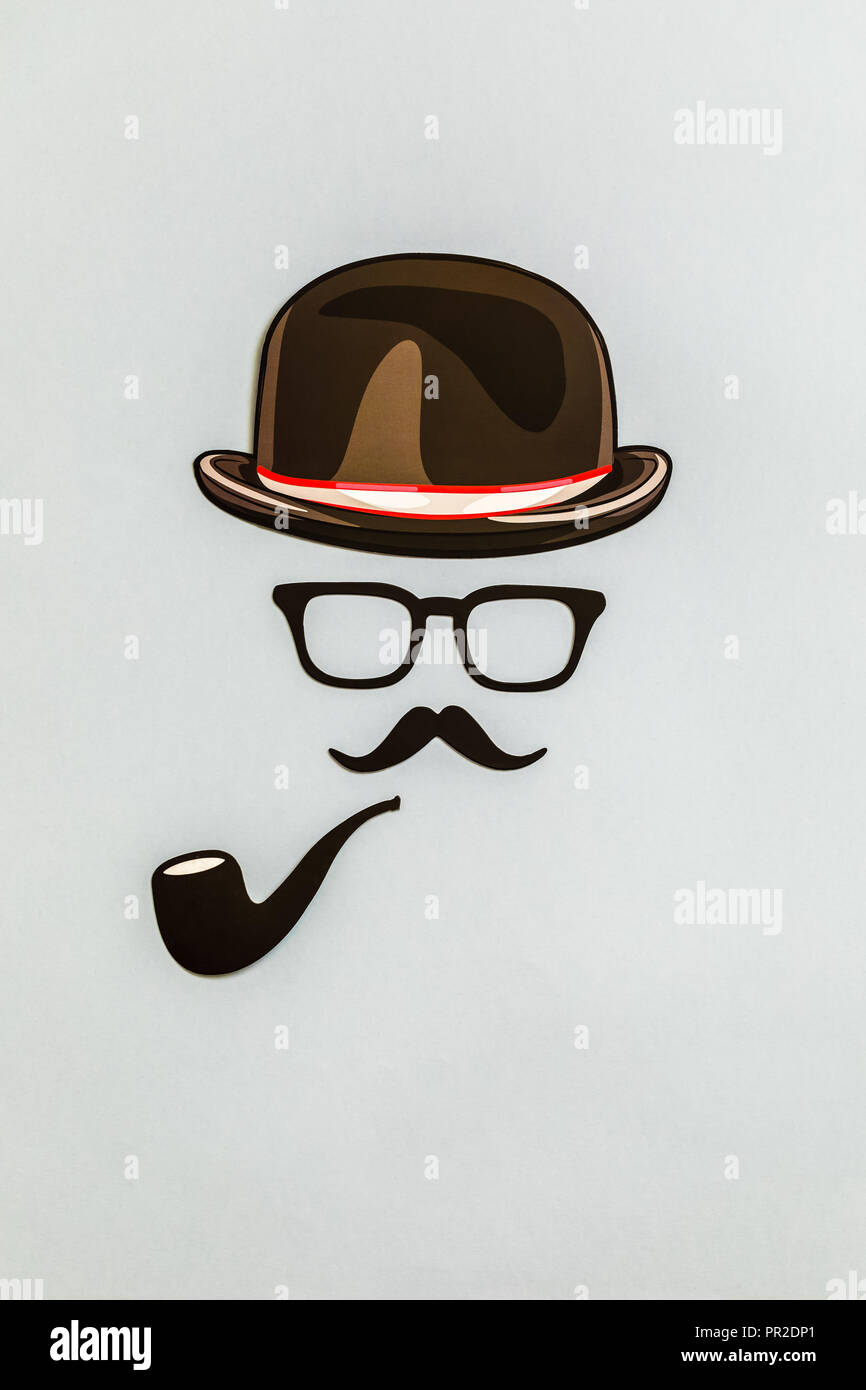 Moustache, hat and glasses photo booth prop on yellow background ...