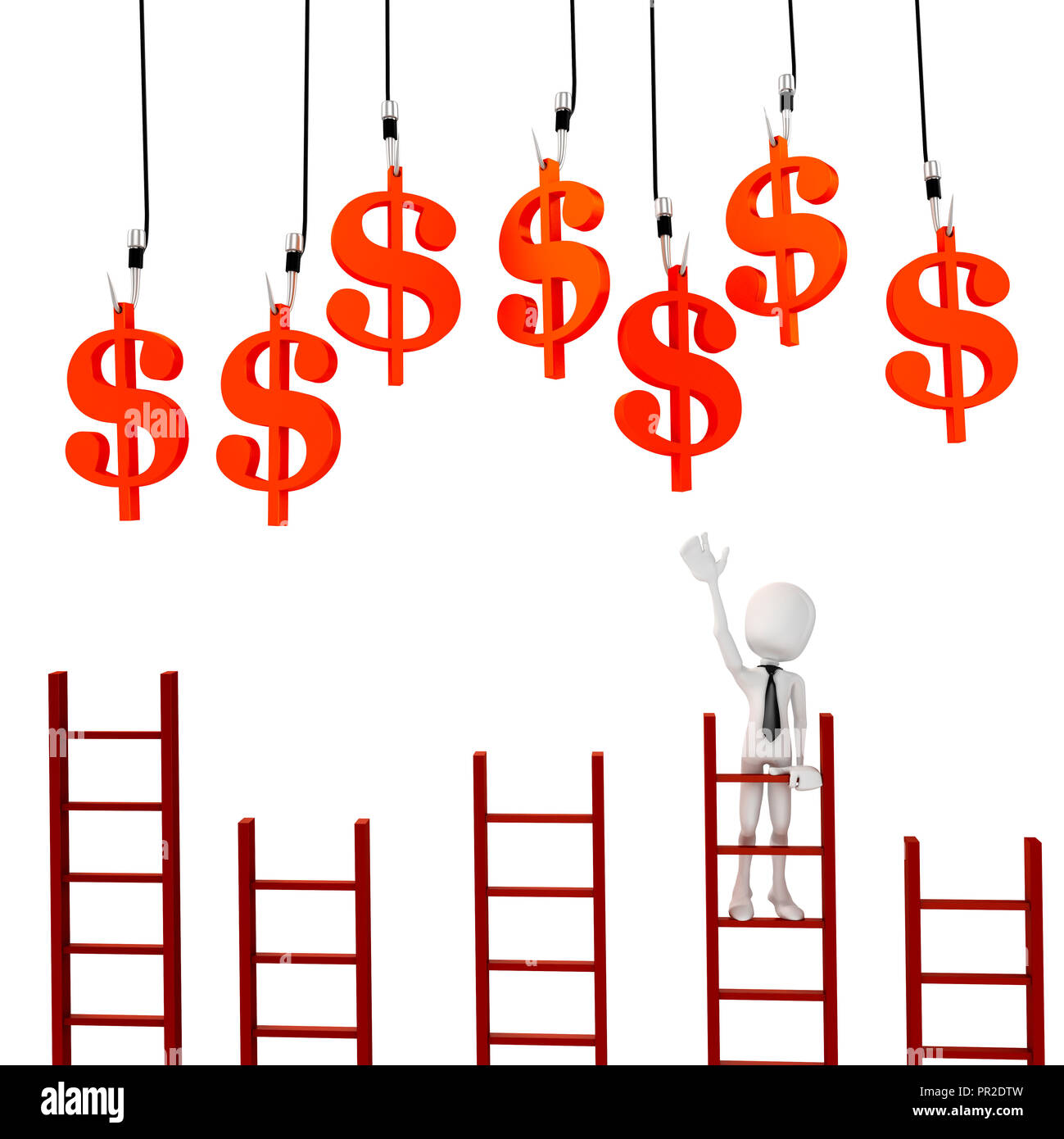 3d man on ladder trying to catch money from above Stock Photo - Alamy
