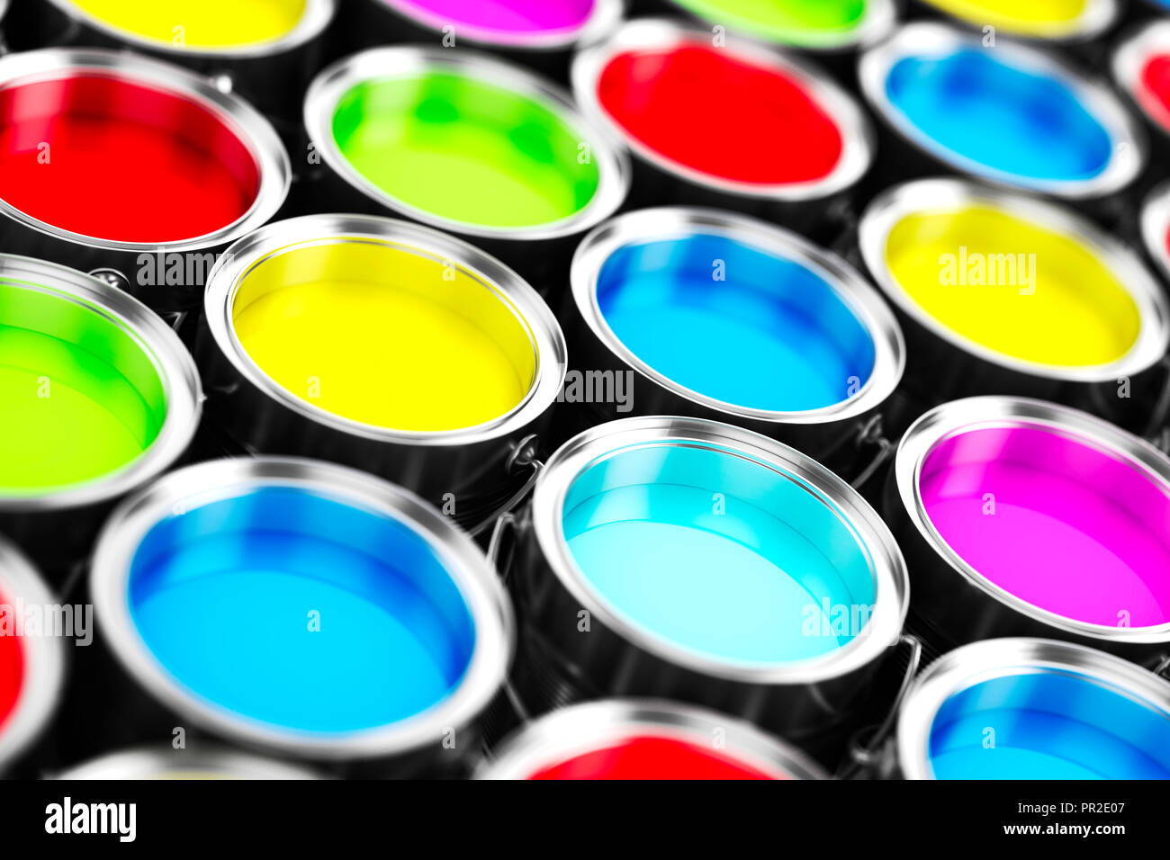 3d render of colorful paint buckets Stock Photo - Alamy