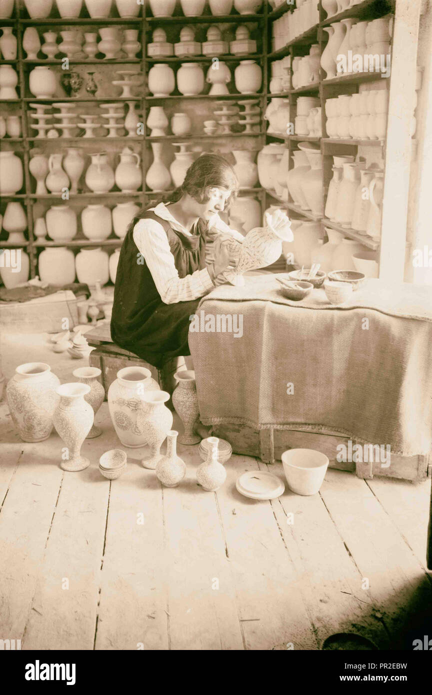 Revival of the famous faience work in Jerusalem Decorating a vase. 1900 ...