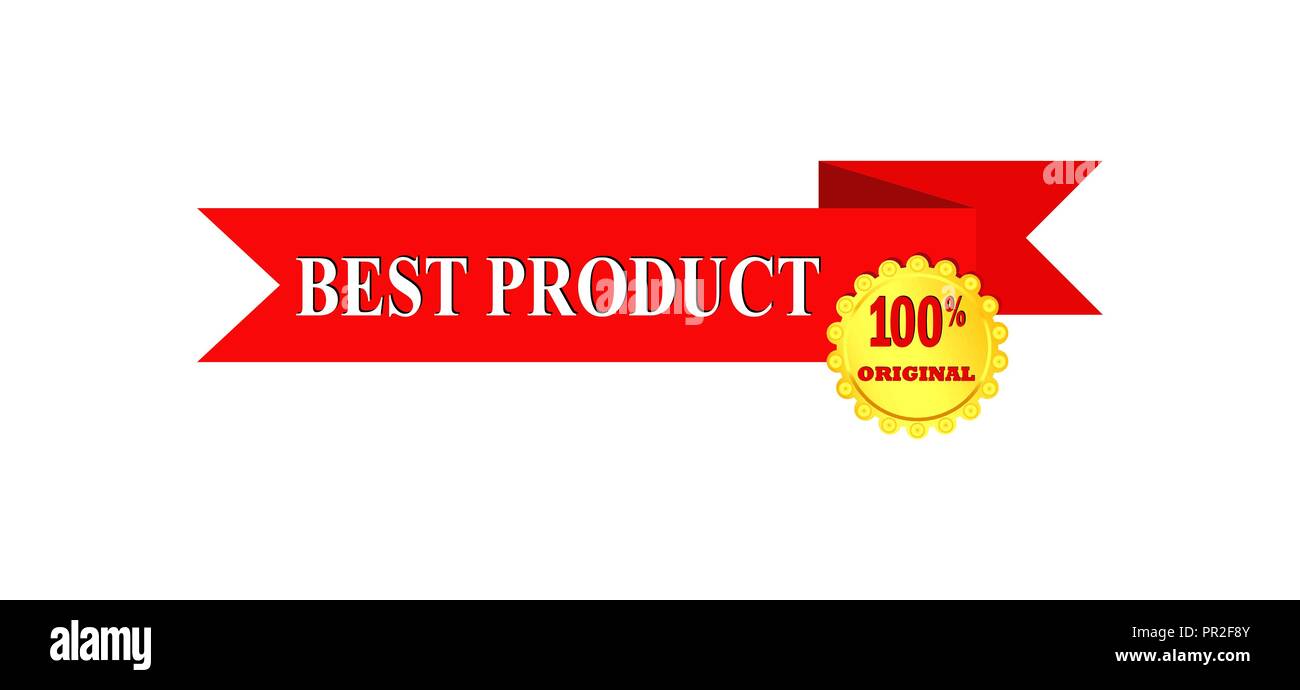 Red ribbon with the inscription of a natural product and a gold ...