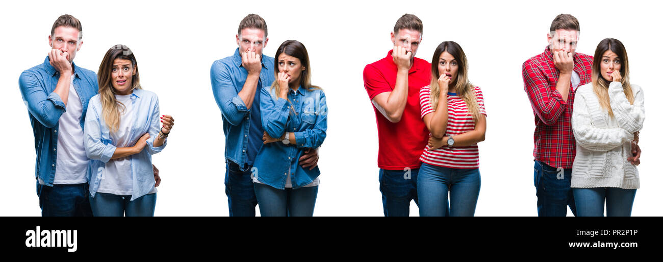 Collage of beautiful couple together over white isolated backgroud ...