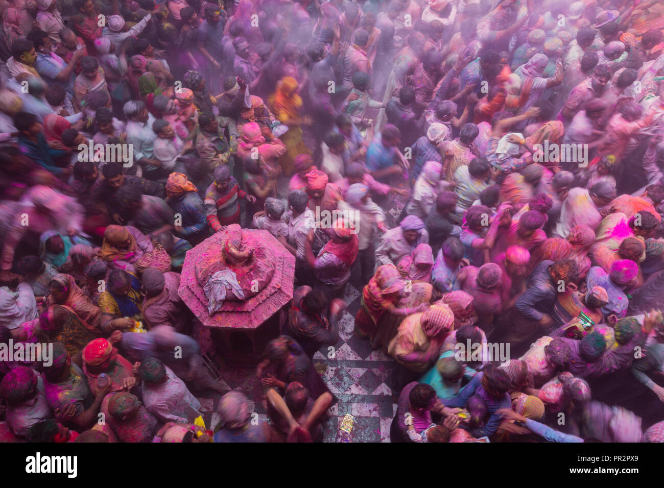 Aerial view of Holi devotees during the Holi festival inside Banke ...