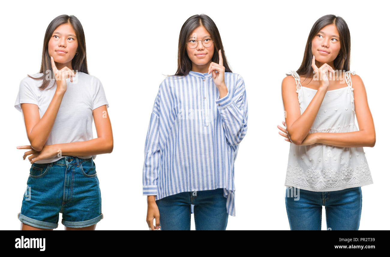Collage of asian young woman standing over white isolated background ...