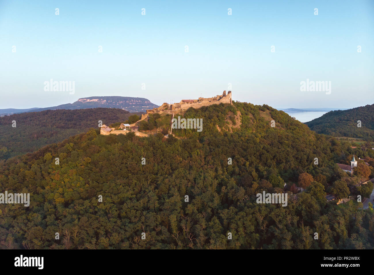 Drone picture from a beautiful ancient castle Szigliget in Hungary ...