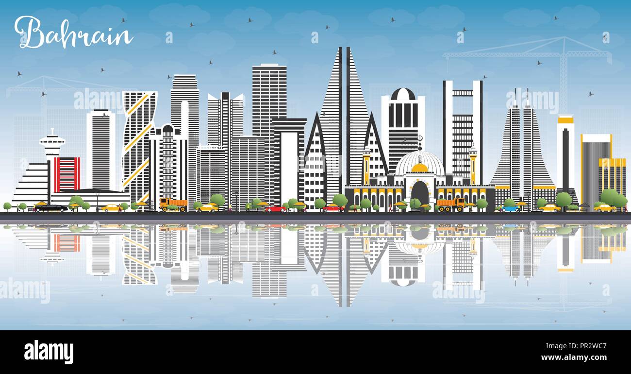 Bahrain City Skyline with Gray Buildings, Blue Sky and Reflections ...