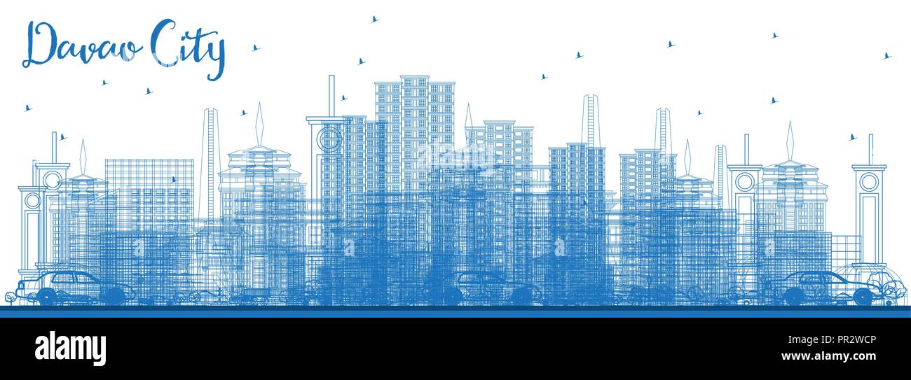 Outline Davao City Philippines Skyline with Blue Buildings. Vector ...
