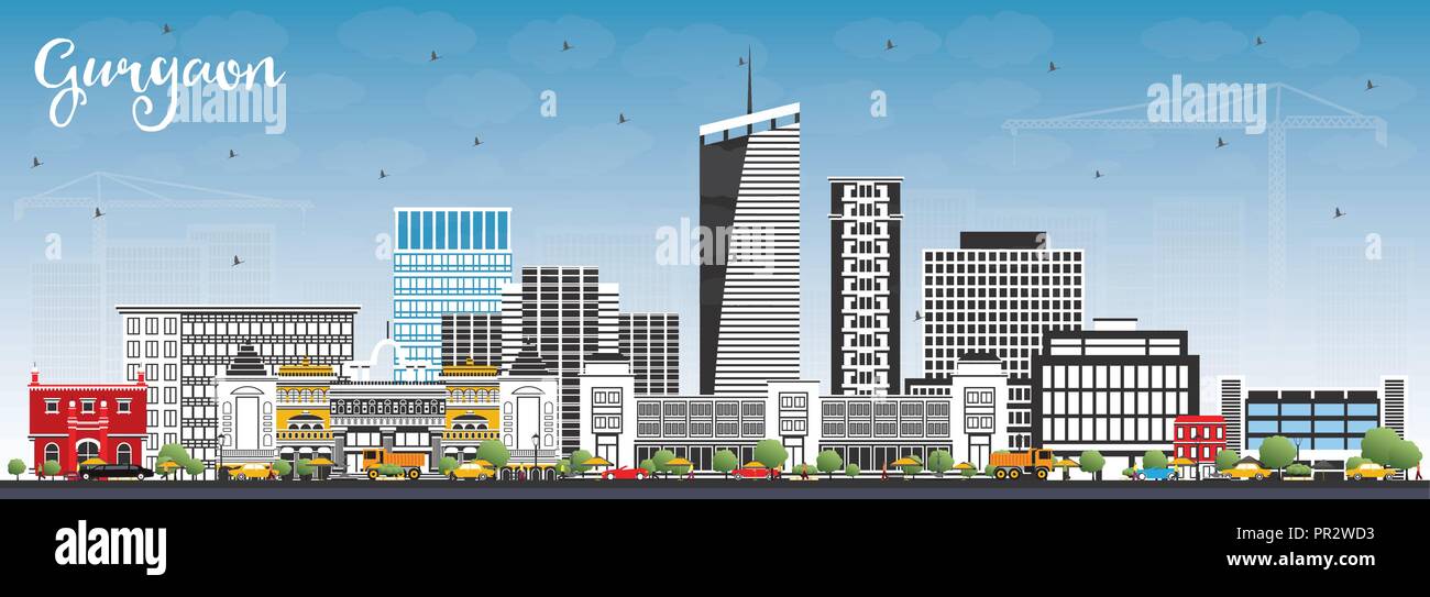Gurgaon India City Skyline with Gray Buildings and Blue Sky. Vector ...
