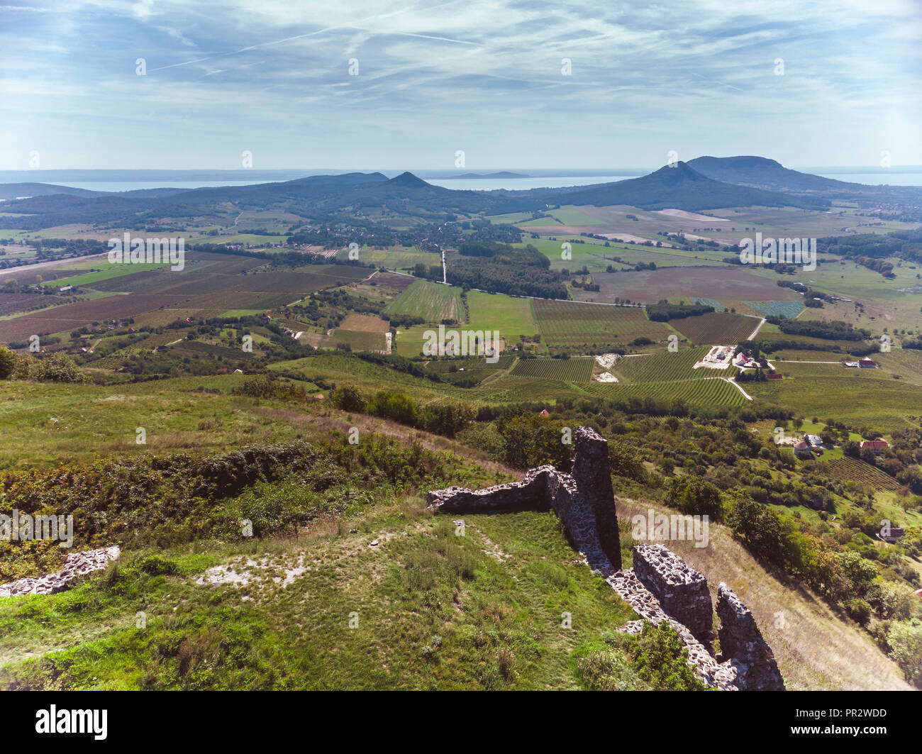 Aerial picture from a ancient castle ruin from Hungary on the volcano ...