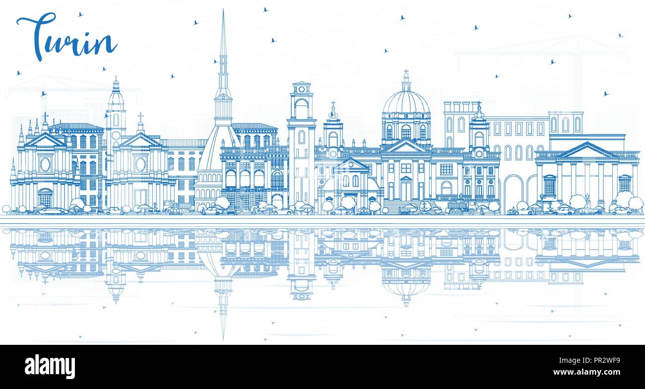 Outline Turin Italy City Skyline with Blue Buildings and Reflections ...