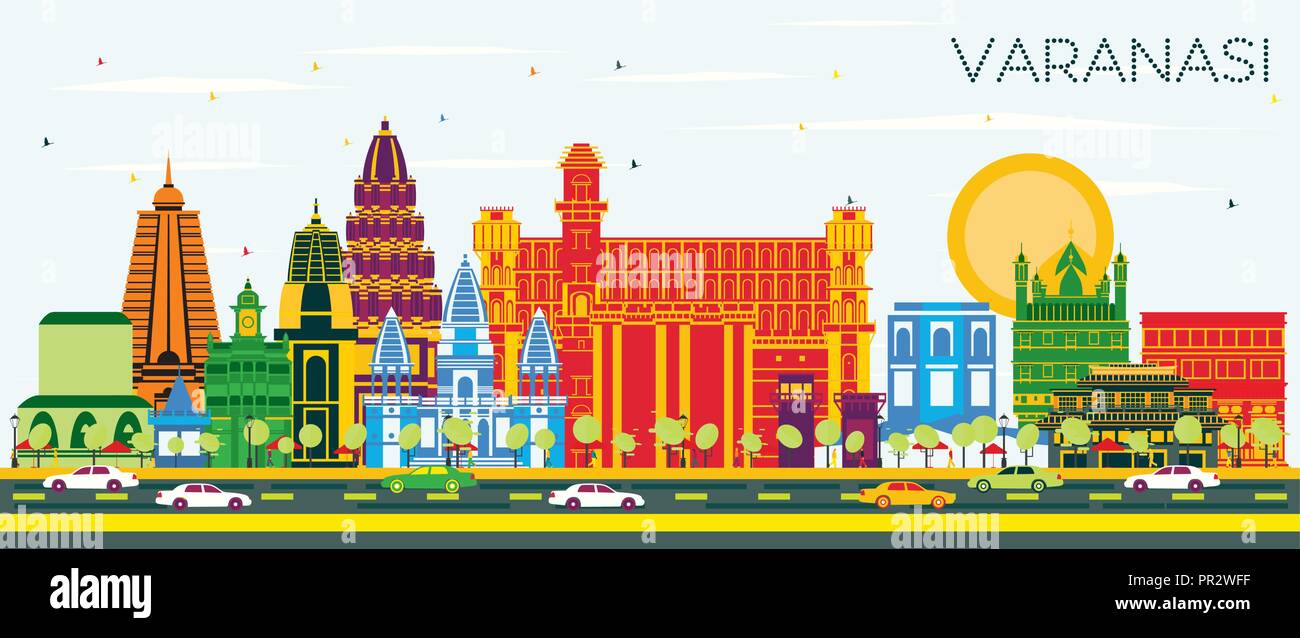 Varanasi India City Skyline with Color Buildings and Blue Sky. Vector ...