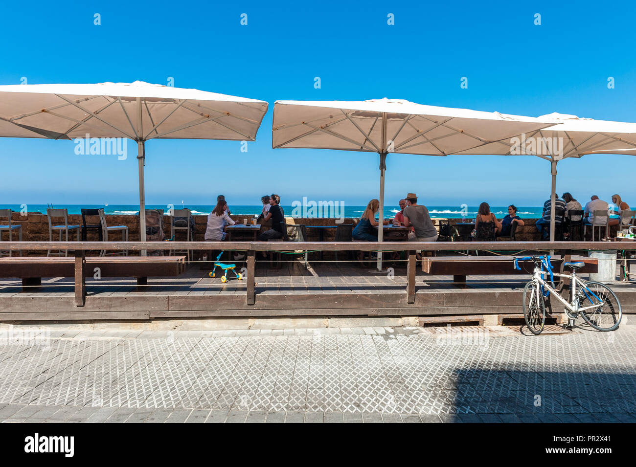 Israel, Tel Aviv - 28 September 2018: Terrace of a coffee shop at the ...