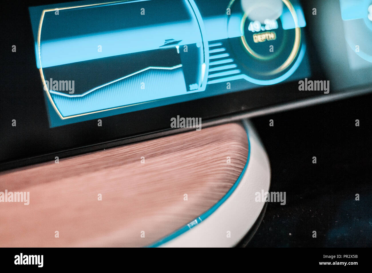 Wood and led interface design. Futuristic control panel and dashboard ...