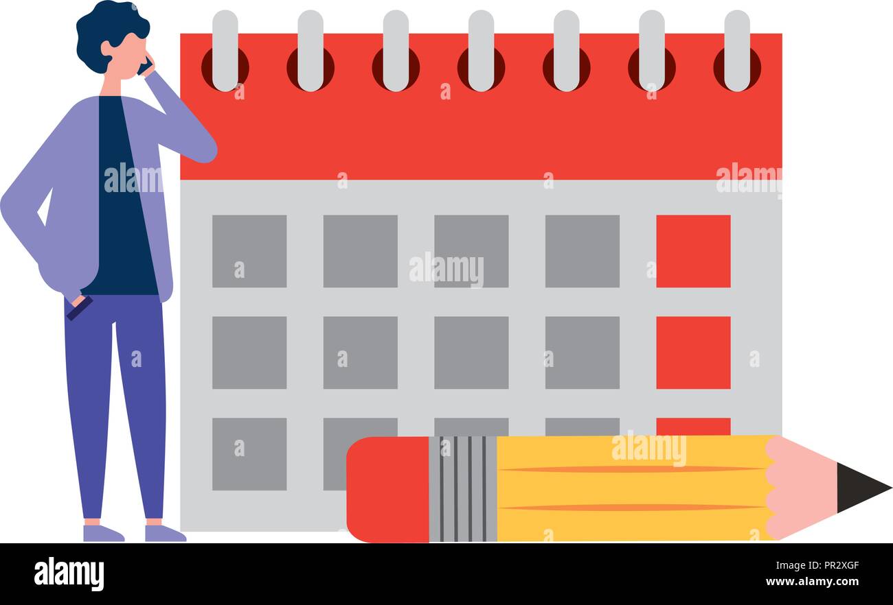 young man using smartphone with calendar pencil plan vector ...
