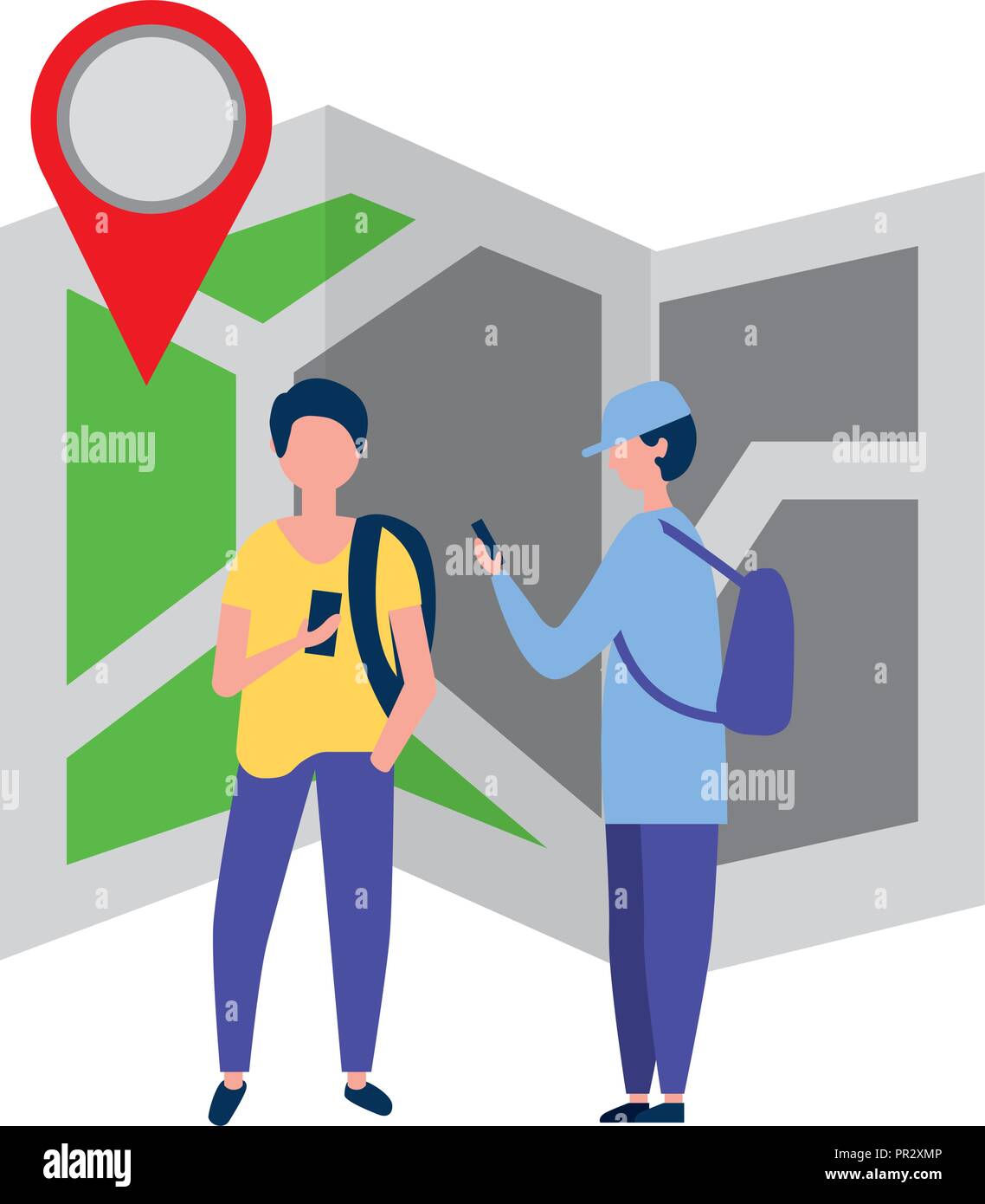 two young man using smartphone gps navigation location vector ...
