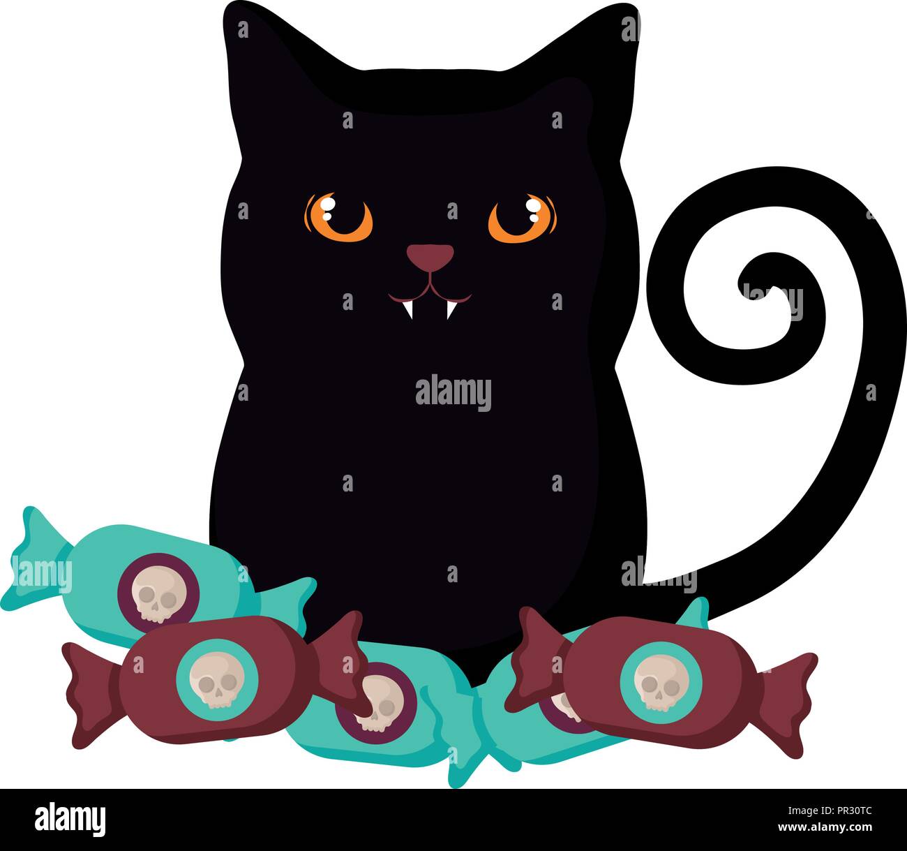 black cat and candies over white background, colorful design. vector ...