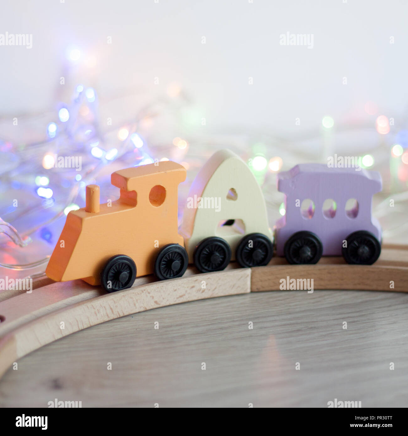 Russian wooden letters train alphabet with locomotive on wood railway ...