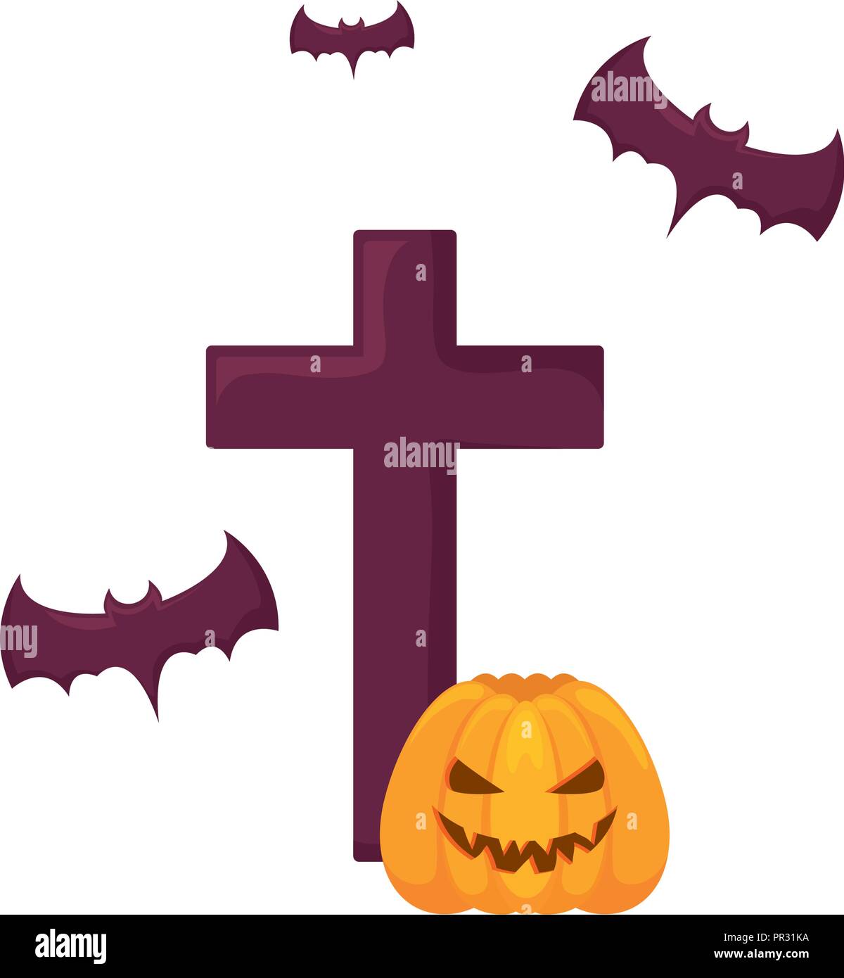 cross with bats around and pumpkin over white background, colorful ...