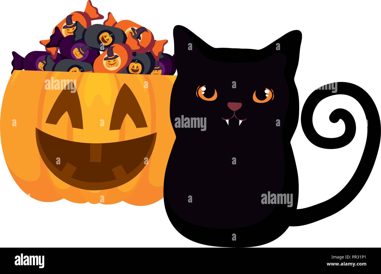 black cat and halloween pumpkin with candies over white background ...