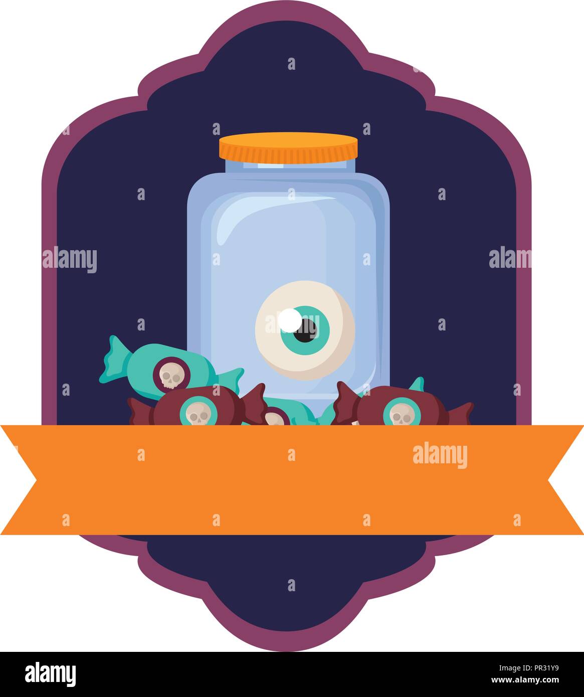 emblem with decorative ribbon and jar bottle and candies over white ...