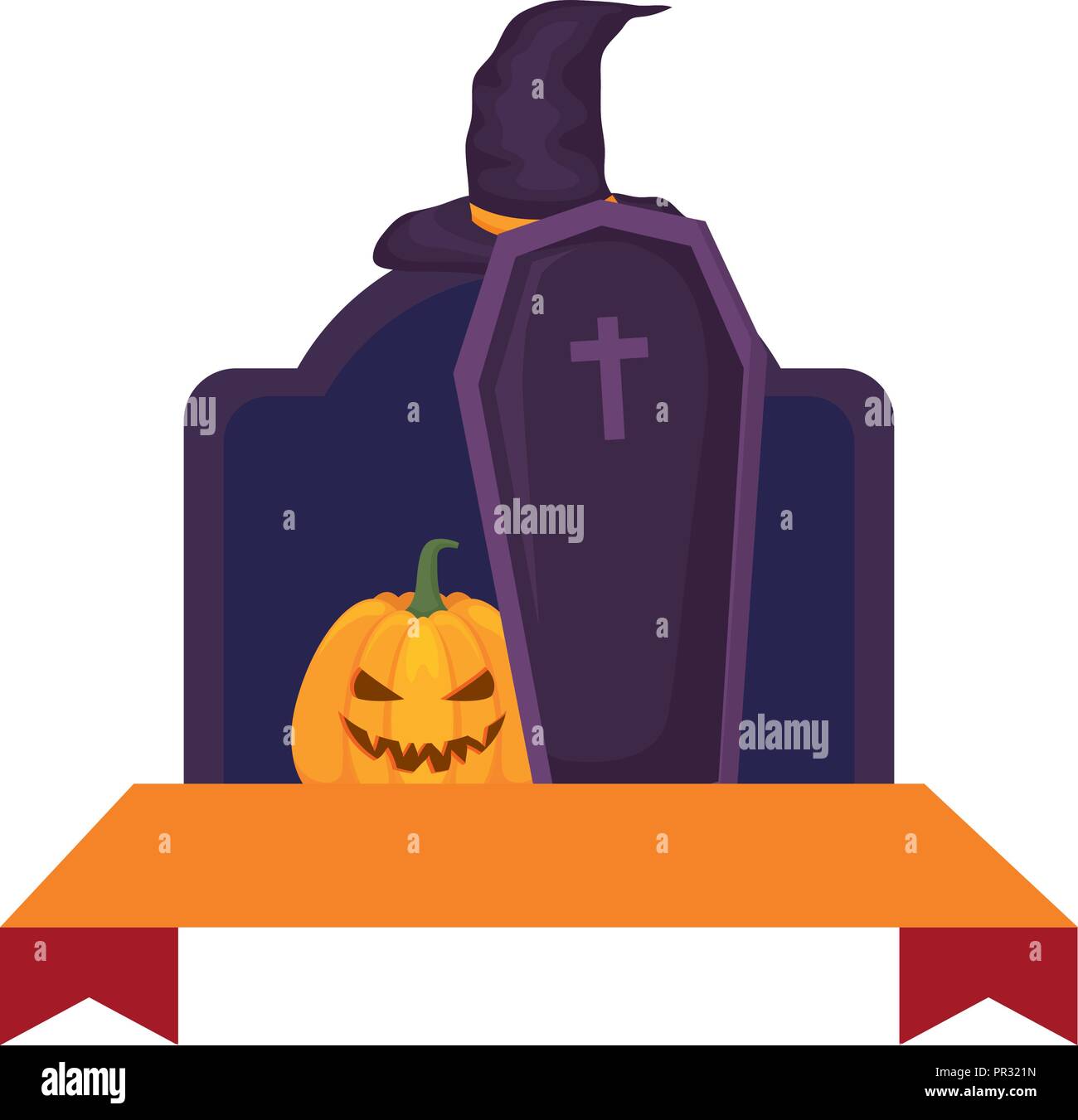 emblem with coffin and decorative ribbon over white background ...