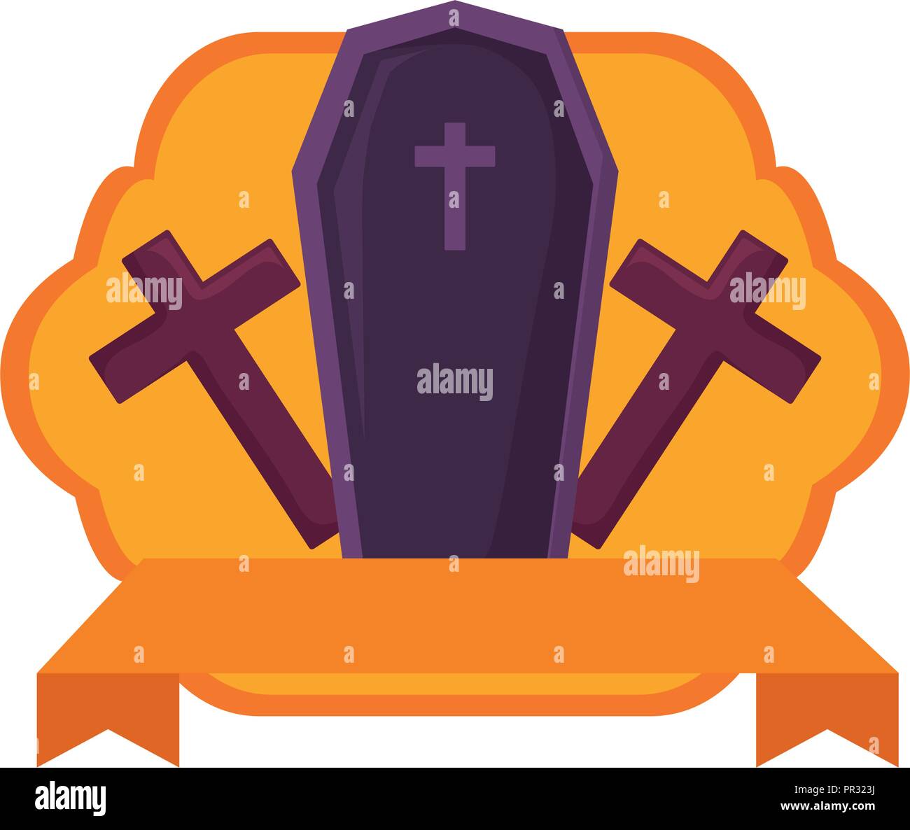 emblem with coffin and decorative ribbon over white background ...