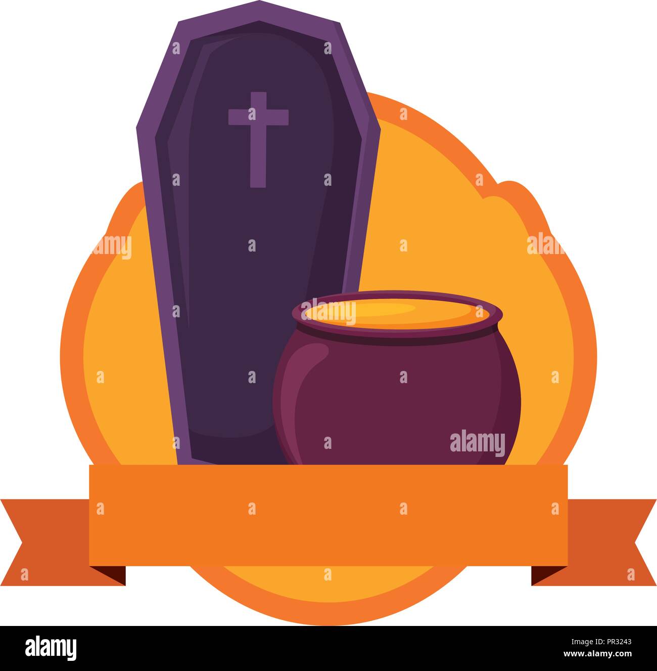 emblem with coffin and decorative ribbon over white background ...