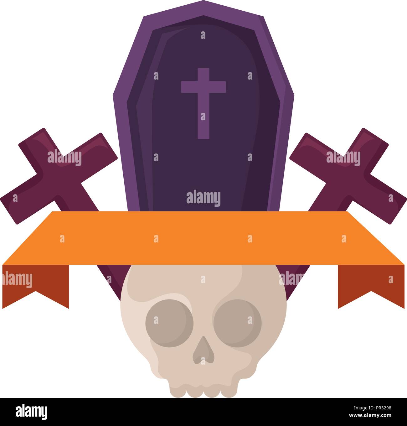 emblem with coffin and decorative ribbon over white background ...