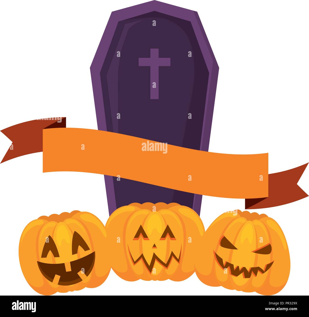 emblem with coffin and decorative ribbon over white background ...