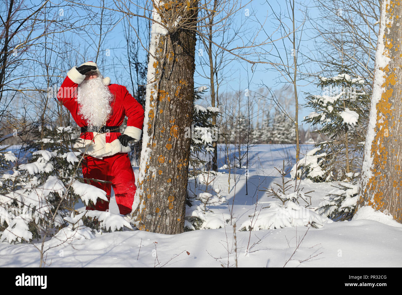 Santa Claus comes with gifts from the outside. Santa in a red su Stock ...
