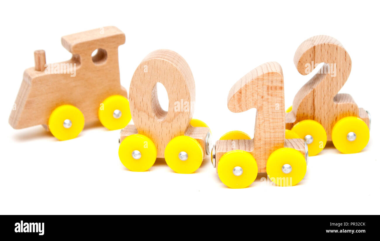 wooden numbers 0, 1, 2, 3,4,5 letters train cars alphabet with yellow ...