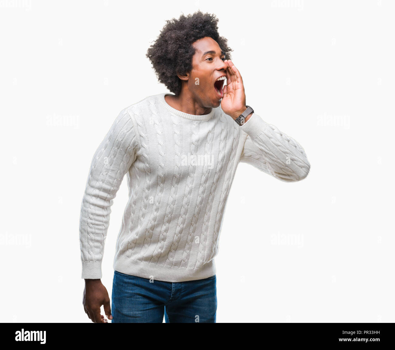 Afro american man over isolated background shouting and screaming loud ...
