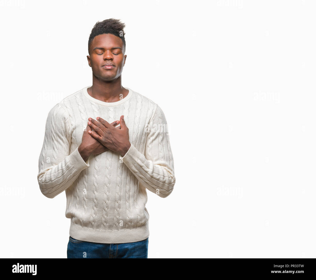 Young african american man over isolated background smiling with hands ...