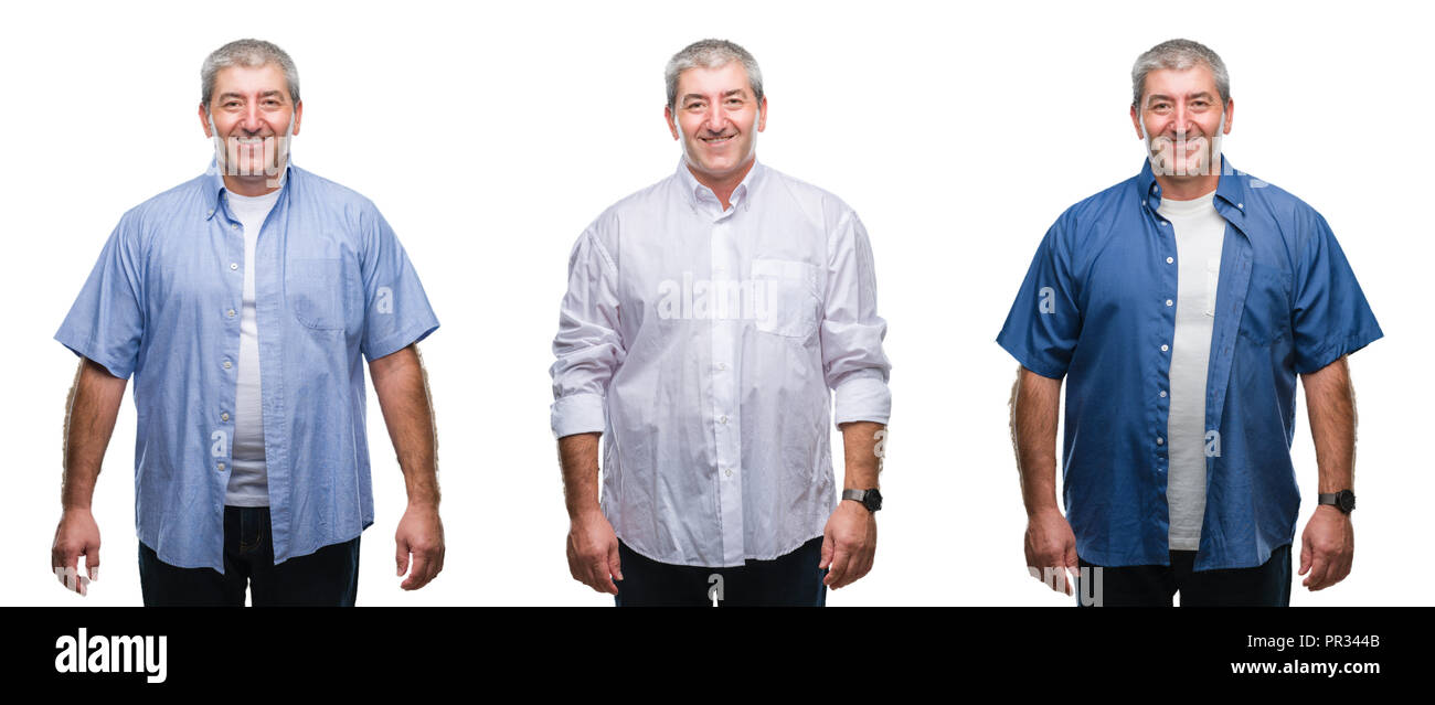 Collage of senior hoary man over white isolated backgroud with a happy ...