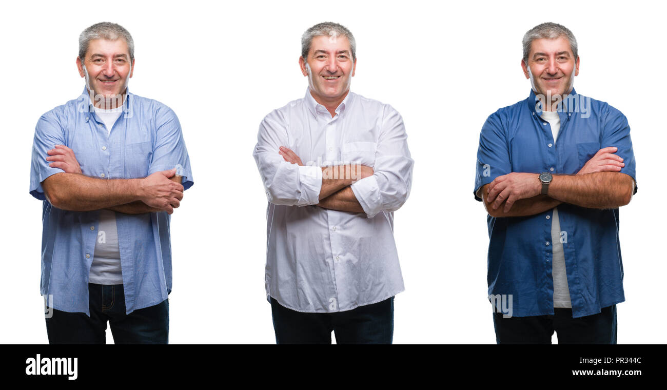 Collage of senior hoary man over white isolated backgroud happy face ...