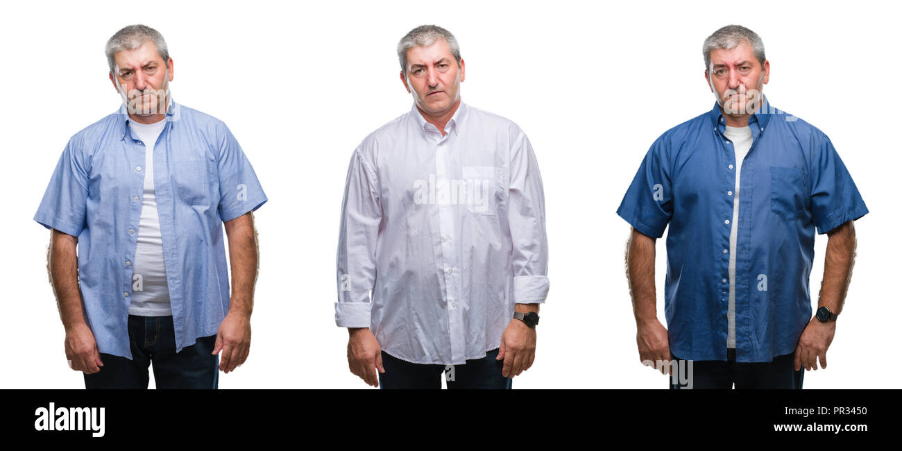 Collage of senior hoary man over white isolated backgroud depressed and ...